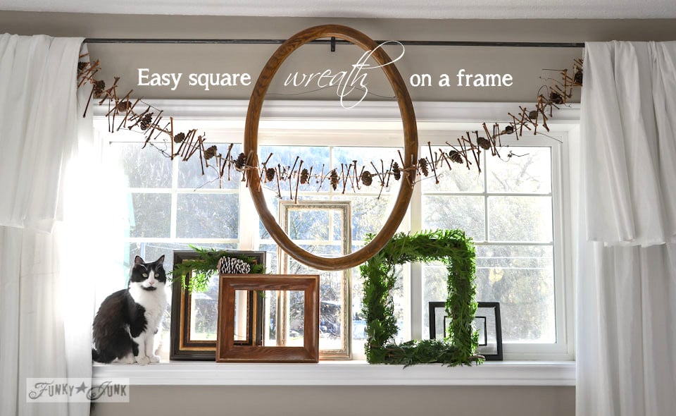 Make a square evergreen wreath on a picture frameFunky Junk Interiors