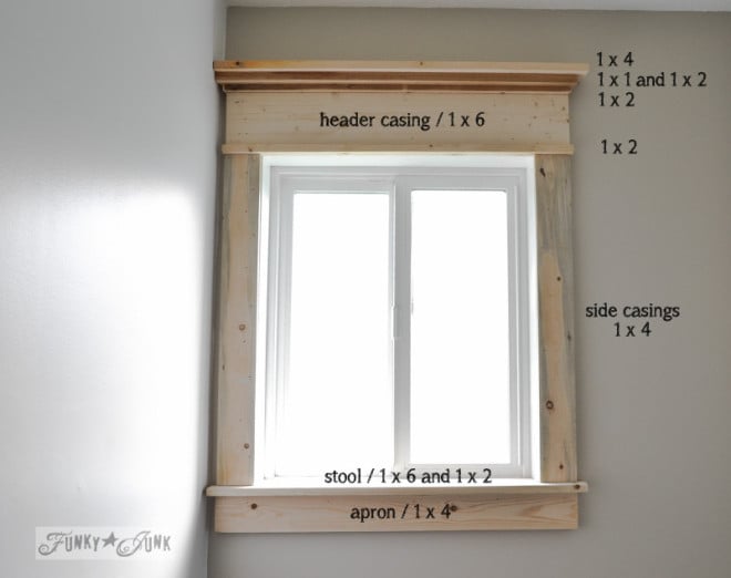 Make easy farmhouse window trim with stock lumber! Funky Junk Interiors