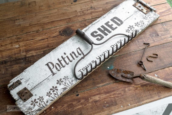 Rustic shed reveal with potting shed garden sign and potting bench ...