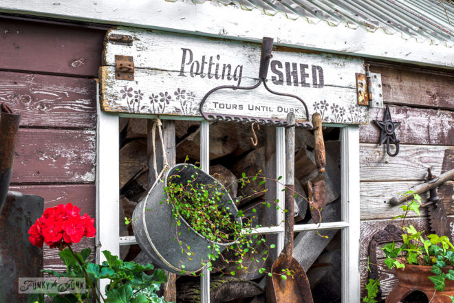 Rustic shed reveal with potting shed garden sign and potting bench ...