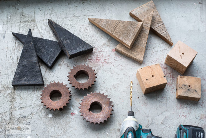 Easy scrap wood Christmas trees in present tree skirts - Funky Junk ...