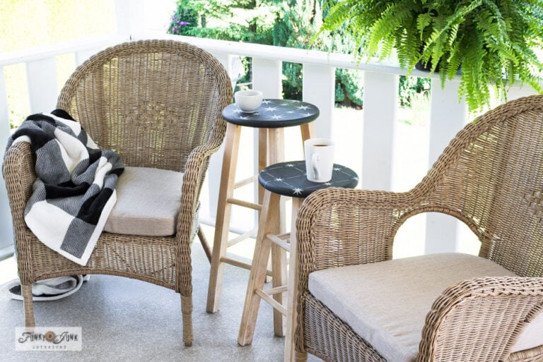 Stenciled wooden bar stools for unique outdoor side tables - Funky Junk ...