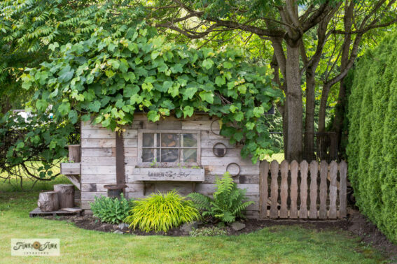 Adding a reclaimed wooden gate and front porch step to a garden shed ...