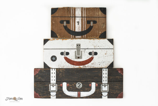 Create stacked vintage suitcase wall art with boards and stencils ...