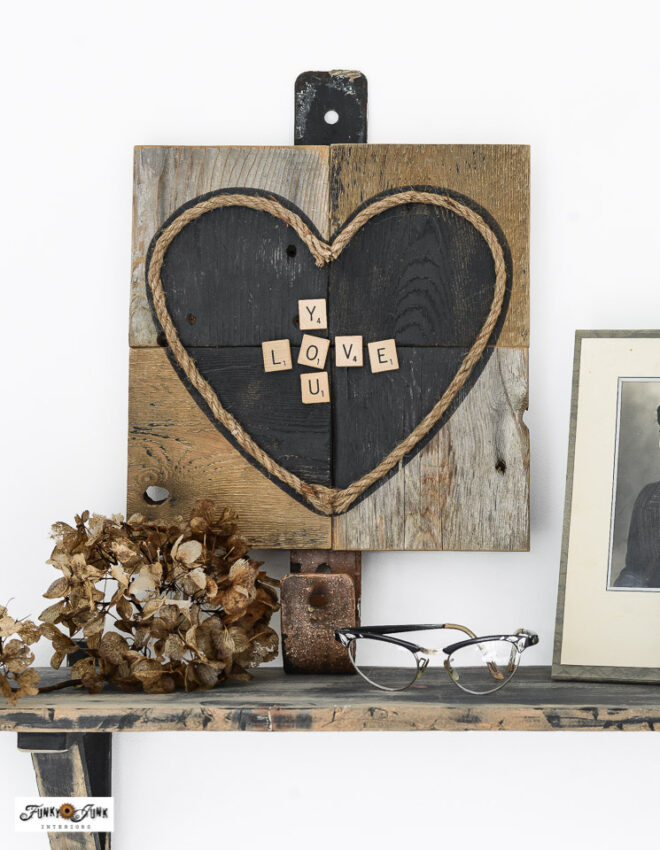 Valentine craft: A rustic wood heart with scrabble word message - Funky ...