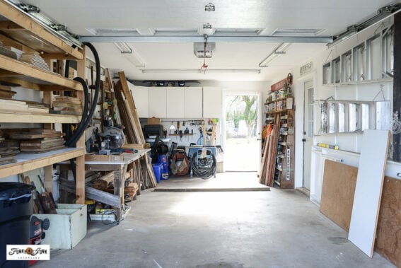 Adding garage shelving for wood storage in a workshop - Funky Junk ...