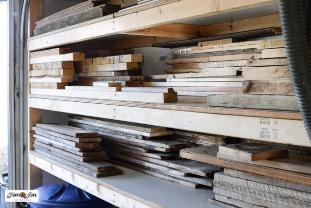Adding garage shelving for wood storage in a workshop - Funky Junk ...