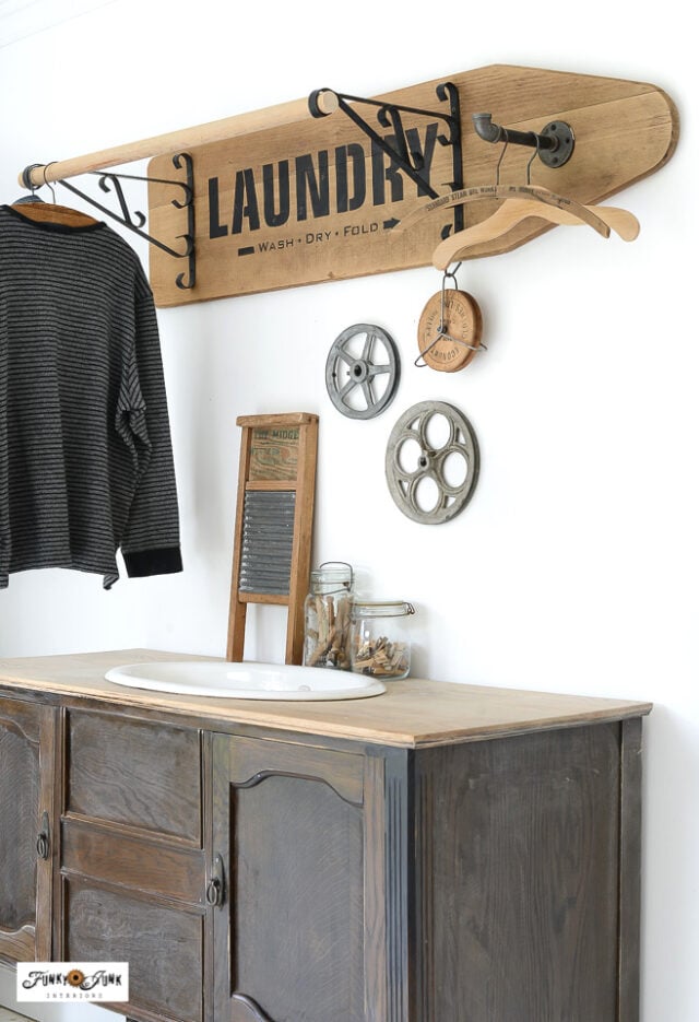 DIY laundry room drying rack using a vintage ironing board - Funky Junk ...