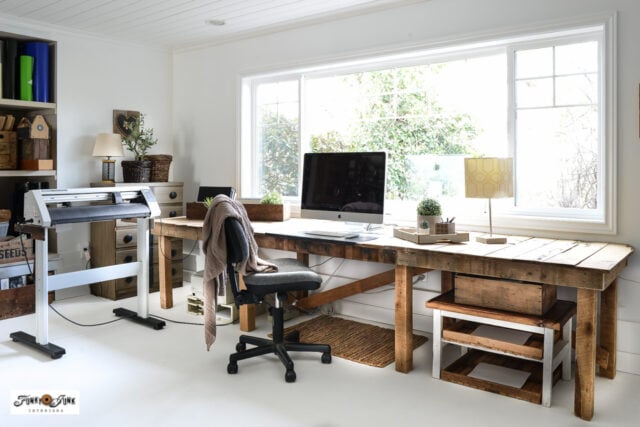 Budget friendly office decor ideas: DIY wood desk and painted concrete ...