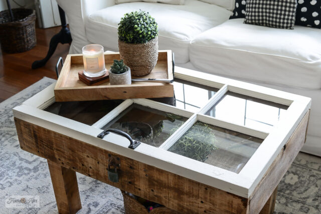 DIY window wood coffee table with storage showcase - Funky Junk ...